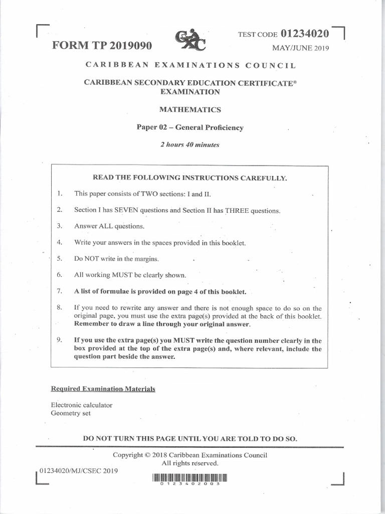 CSEC Math May2019 P2 Solution #1 To 10 | PDF