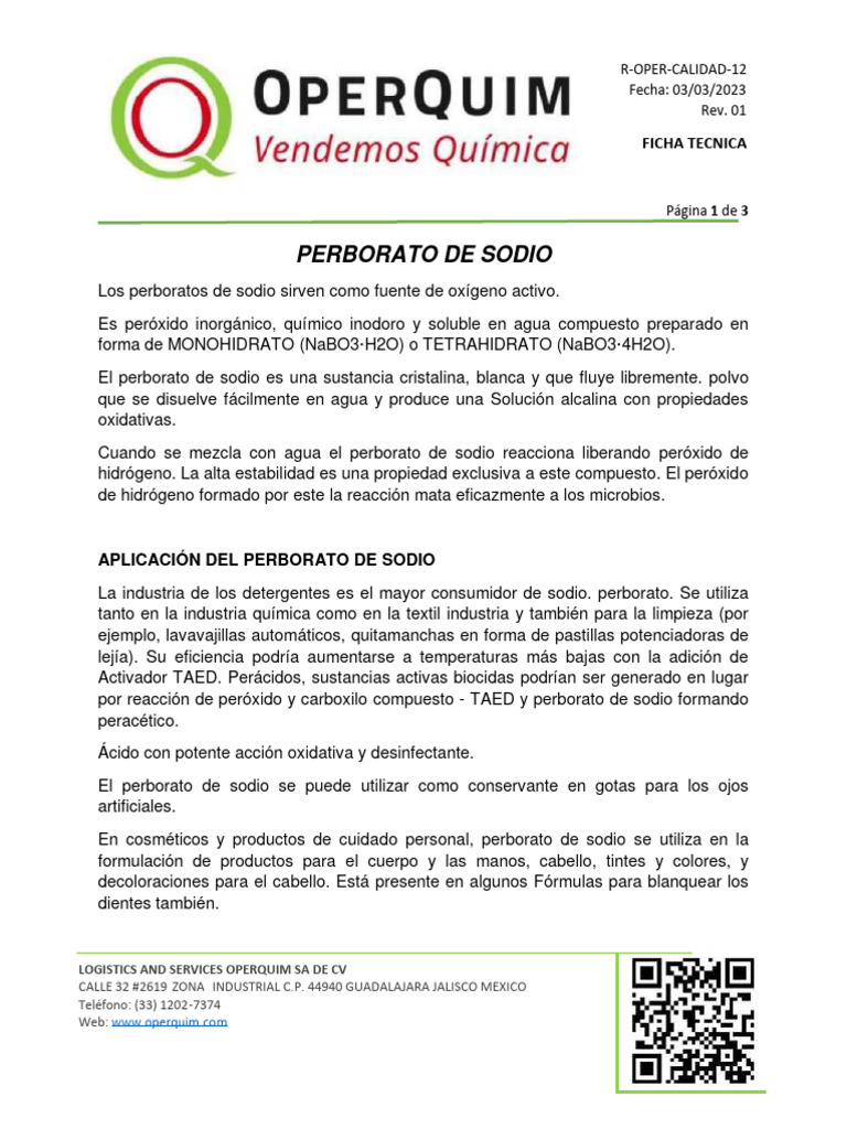 Perborato de Sodio Tetrahidrato FT R-01 | PDF | Peróxido | Química