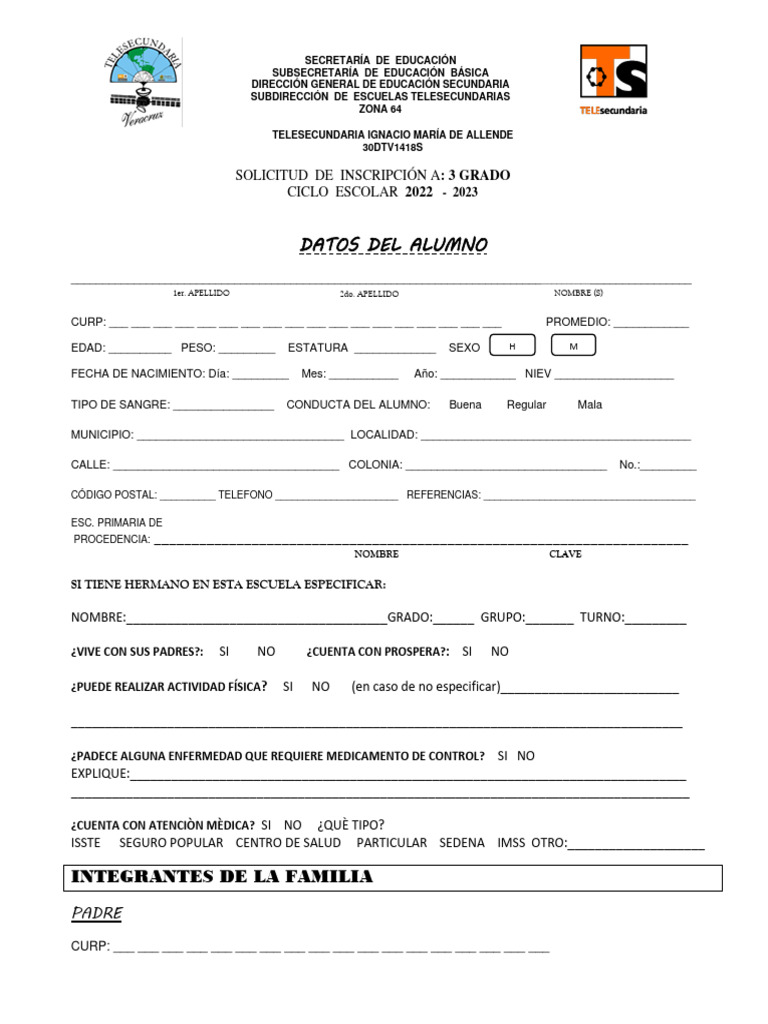 Formato Datos de Alumno Tercero | PDF