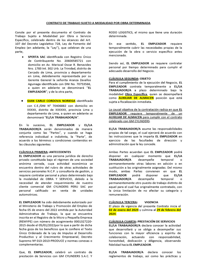 Contrato Por Obra Determinada - Ruben | PDF | Derecho laboral | Tiempo de trabajo