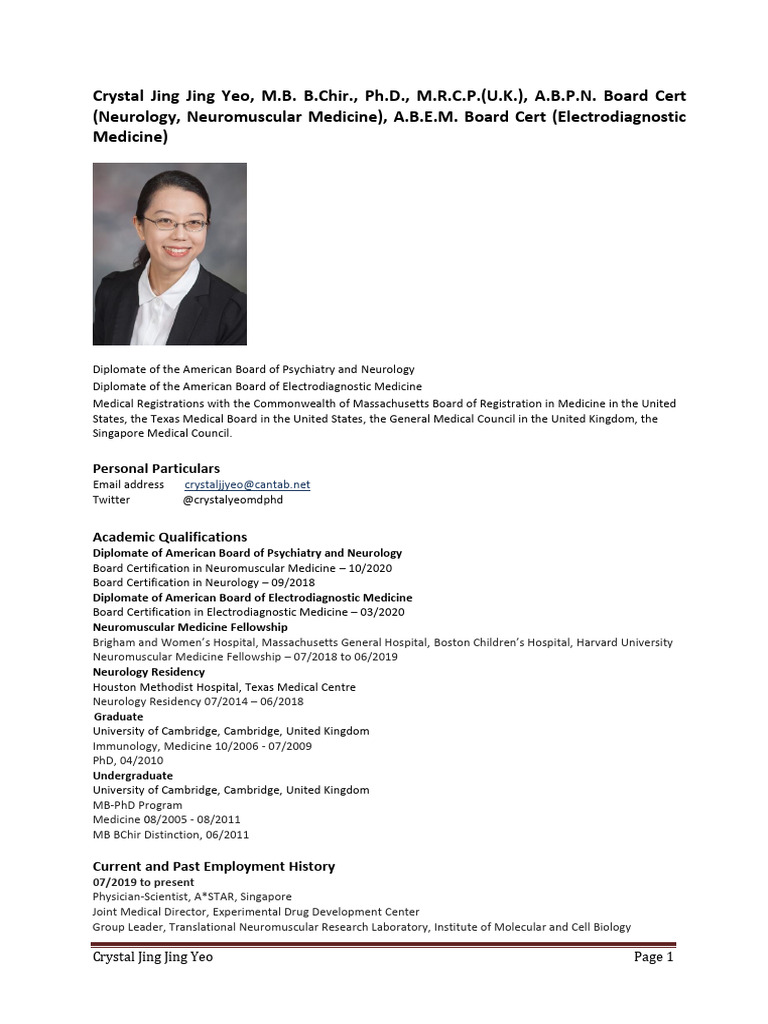 Updated CV Crystal Yeo Aug 2021 | PDF | Neurology | Medicine