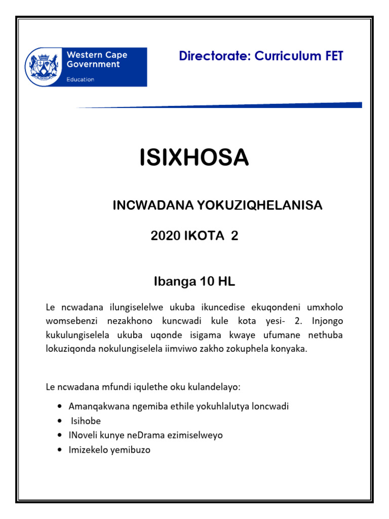 IsiXhosa Ibanga Le-10 HL Incwadana Yokuziqhelanisa | PDF