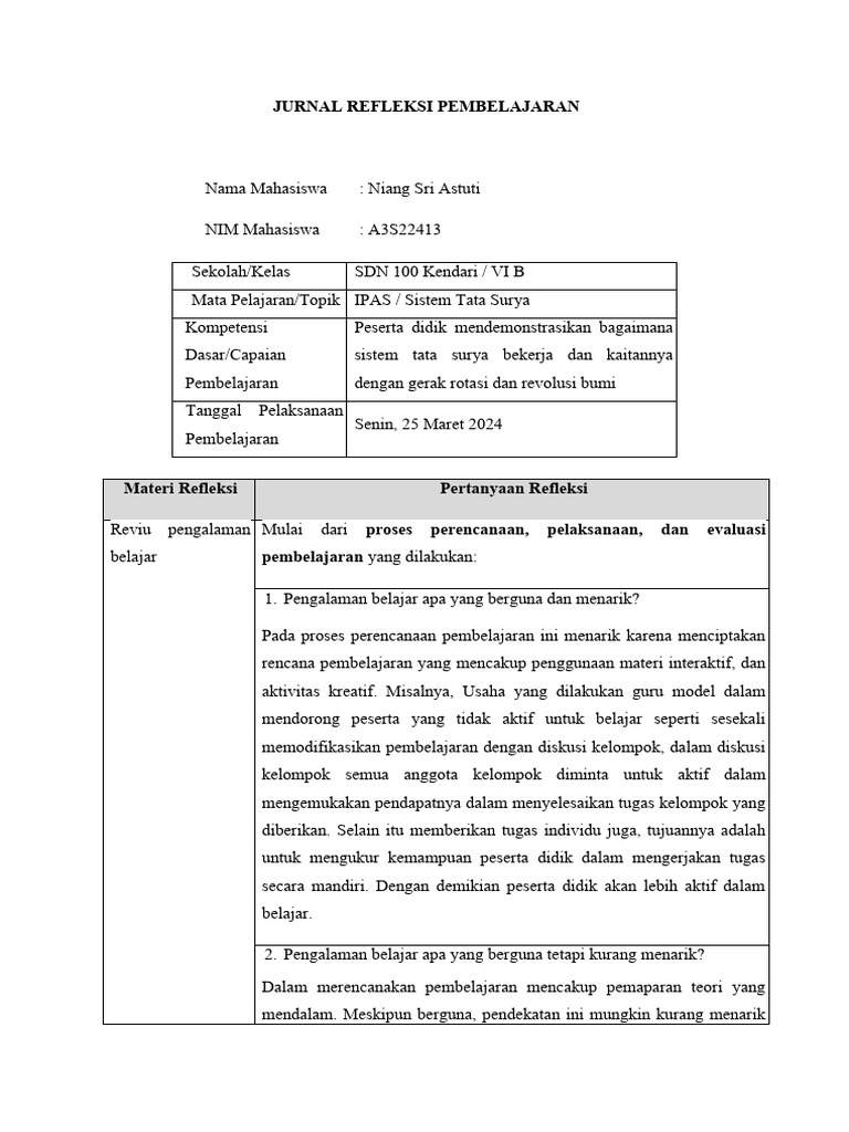 Jurnal Refleksi Pembelajaran Siklus 1 | PDF