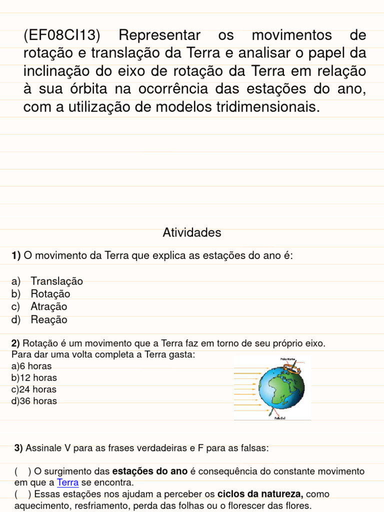 8º Ano Lista de Exercícios (Movimentos Da Terra) | PDF | Ciências e Matemática