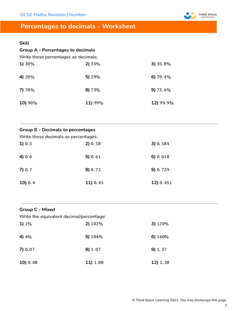 GCSE Maths: Percentages to Decimals Worksheet | PDF | Percentage ...