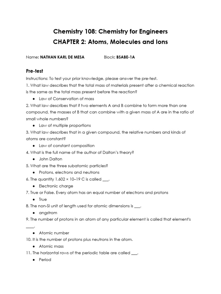 DE MESA, NATHAN KARL, ADORNA - Chem108 - Module2 | PDF | Proton | Atomic Nucleus