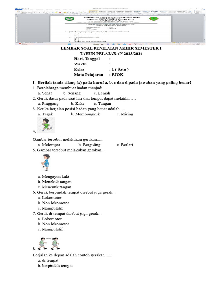 Soal Ulangan Pjok Kelas 1 | PDF