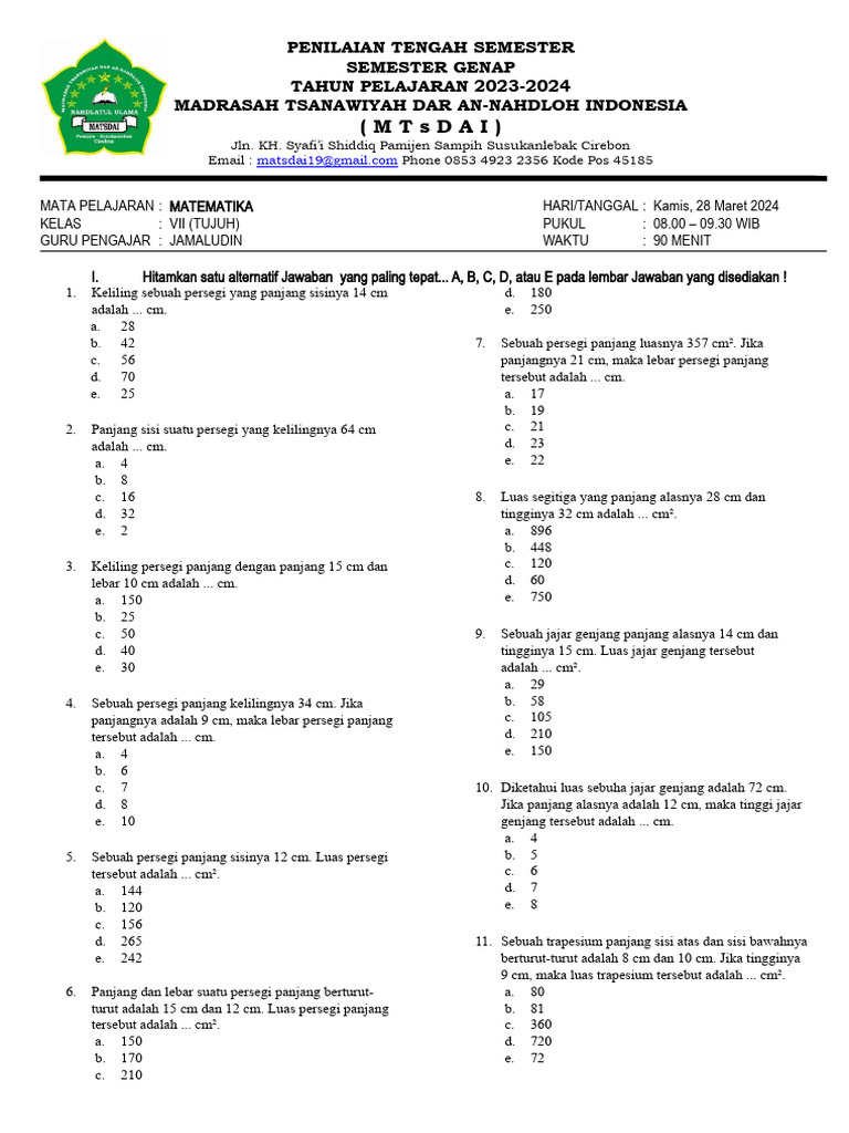 A Soal PTS MTK Kelas VII SEMESTER GENAP | PDF