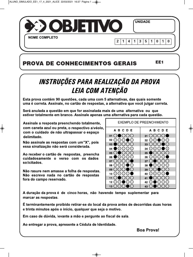 Simulado Ee1 17 4 2021 Prova | PDF | Biologia