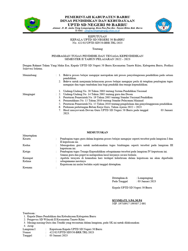 SK Pembagian Tugas 2023 | PDF