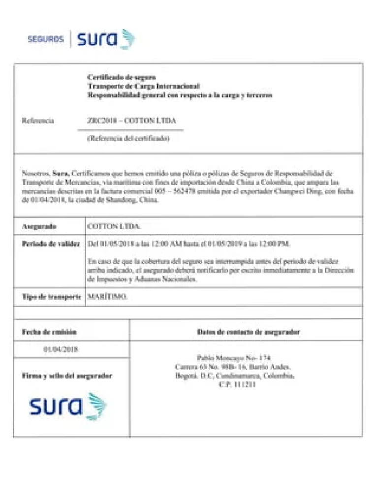 Certificado de Seguro | PDF