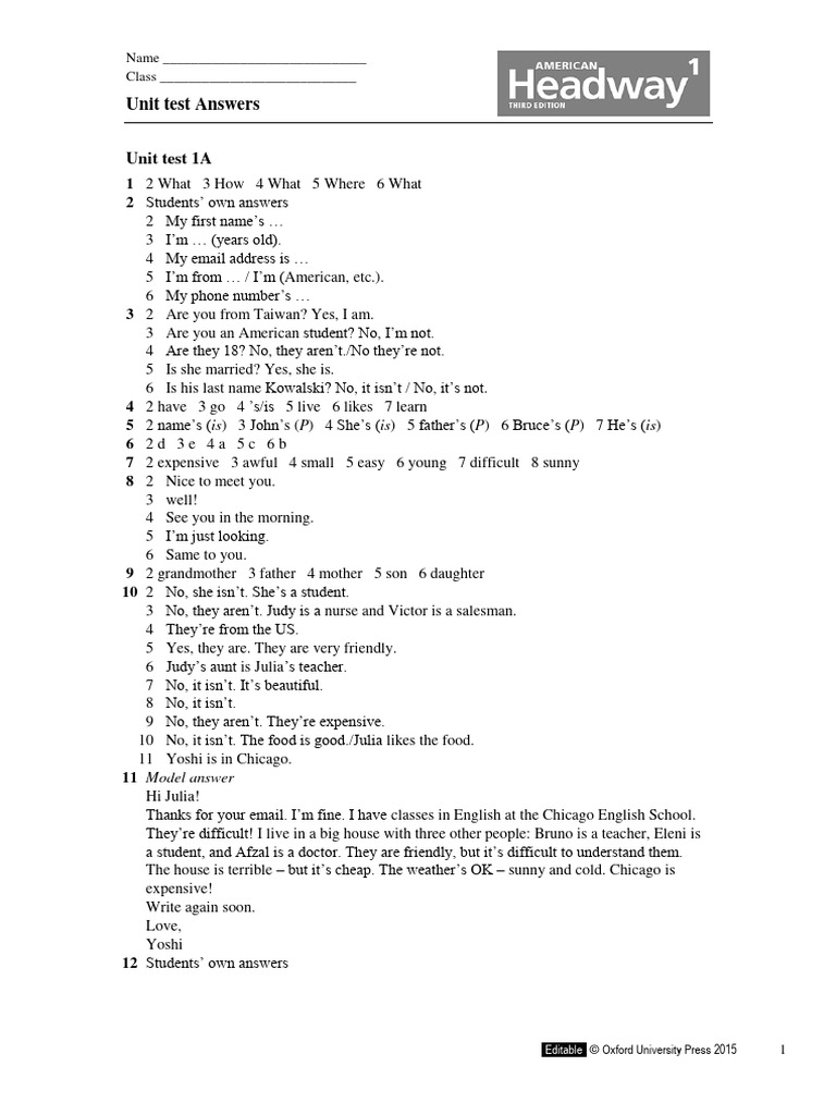 AHW3e - Level 01 - Unit Test Answer Key | PDF | Language Arts & Discipline