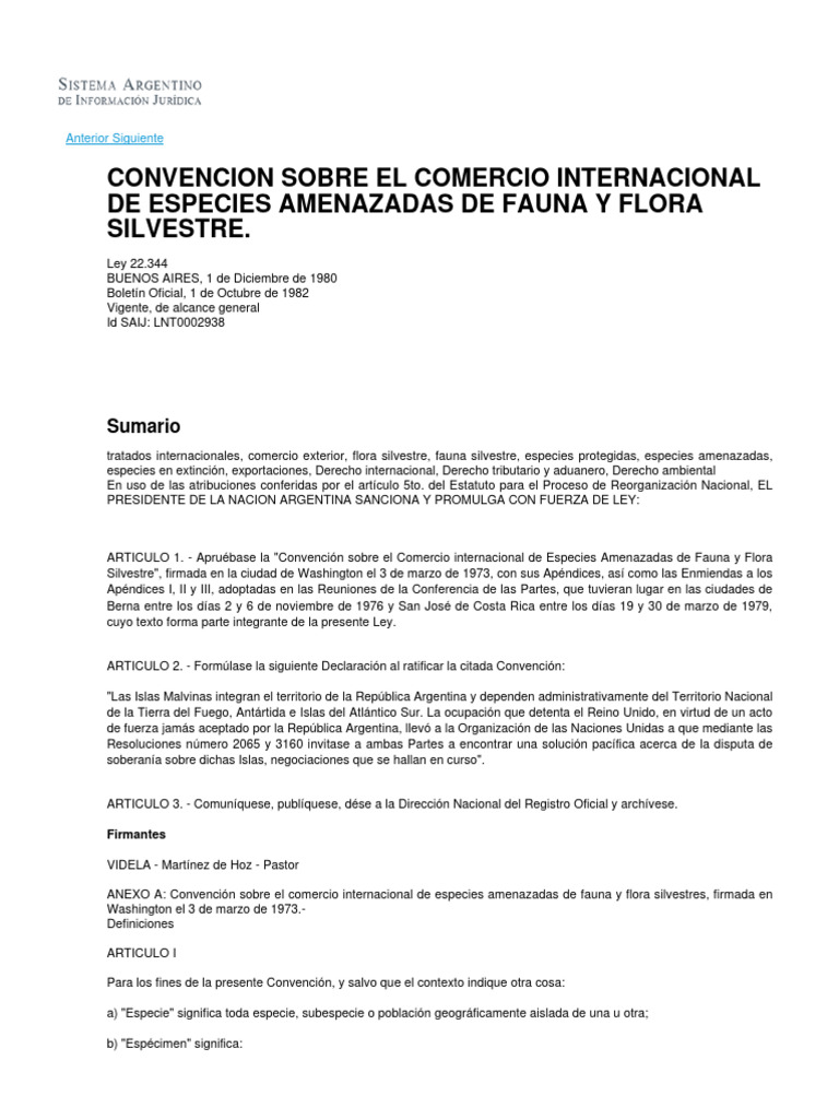 Ley 22344 Comercio de Fauna y Flora Silvestres Convenio Internacional ...