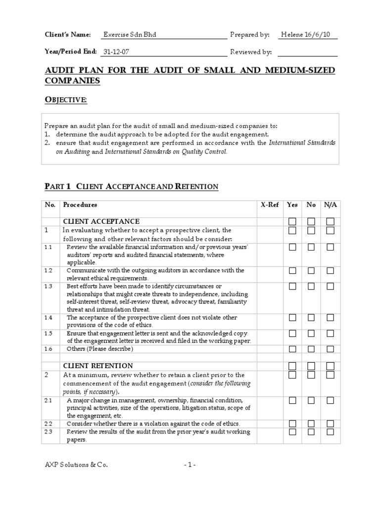 SP Audit Plan For SME | PDF | Financial Audit | Audit
