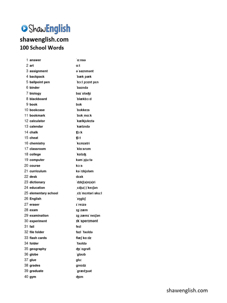100-School-Words-Vocabulary-List- | PDF