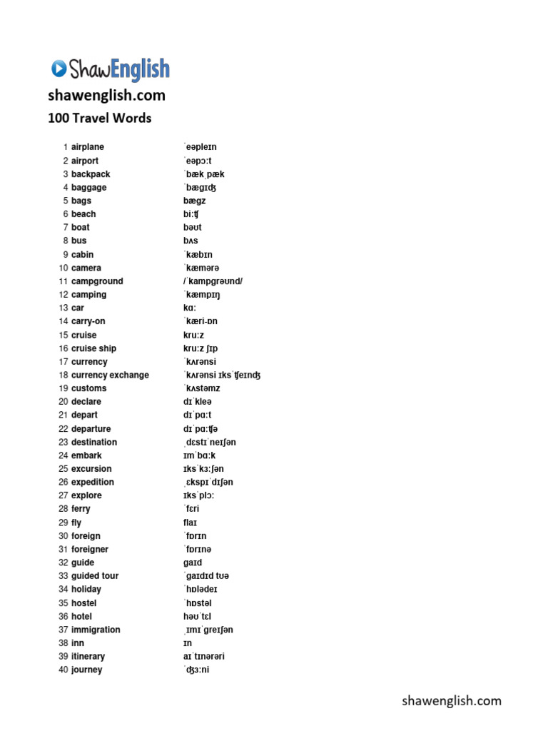 100 Travel Words Vocabulary List | PDF | Tourism | Baggage