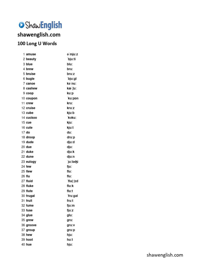 100 Words Vocabulary List LONG U Vowel Sound | PDF