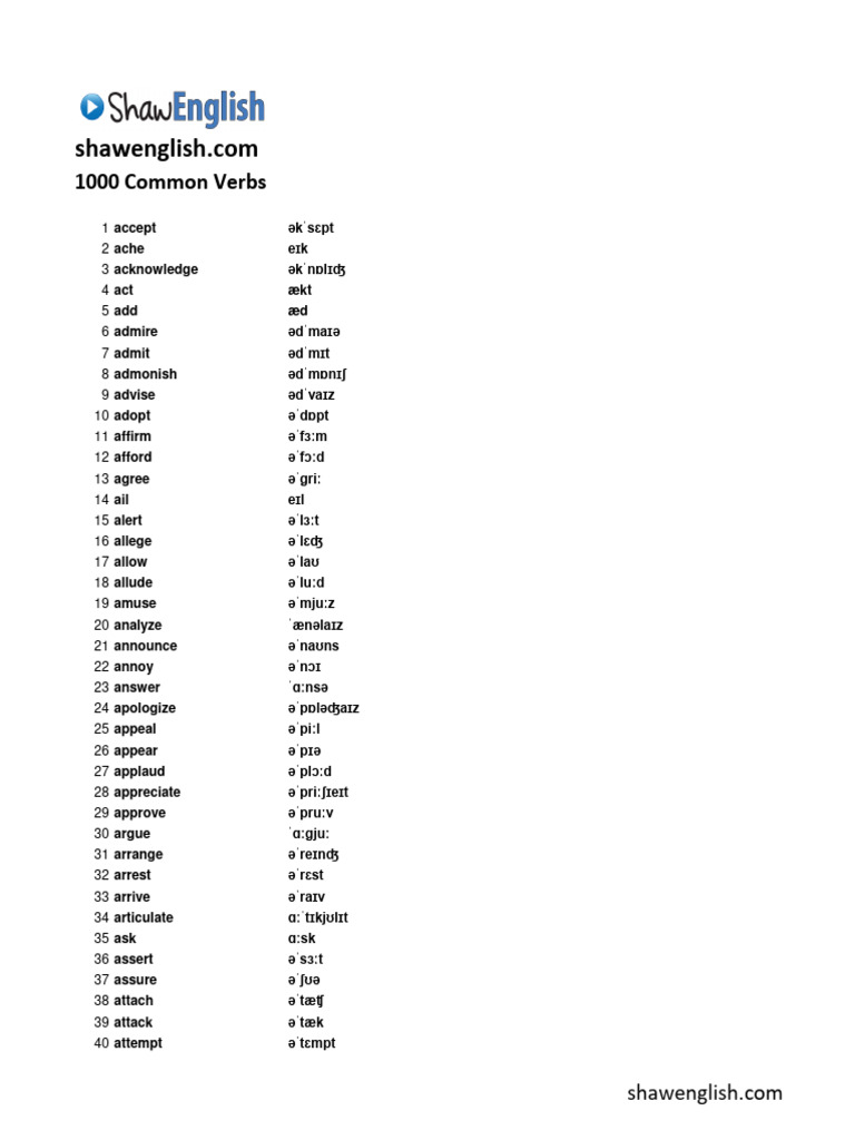 1000 MOST COMMON ENGLISH VERBS Vocabulary List | PDF