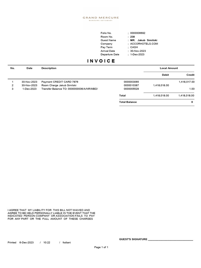 Hotel Invoice for Jakub Similski | PDF