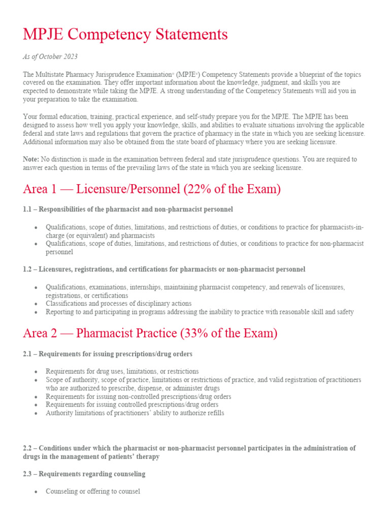 MPJE Competency Statements (FINISHED DEA) | PDF | Medical Prescription ...