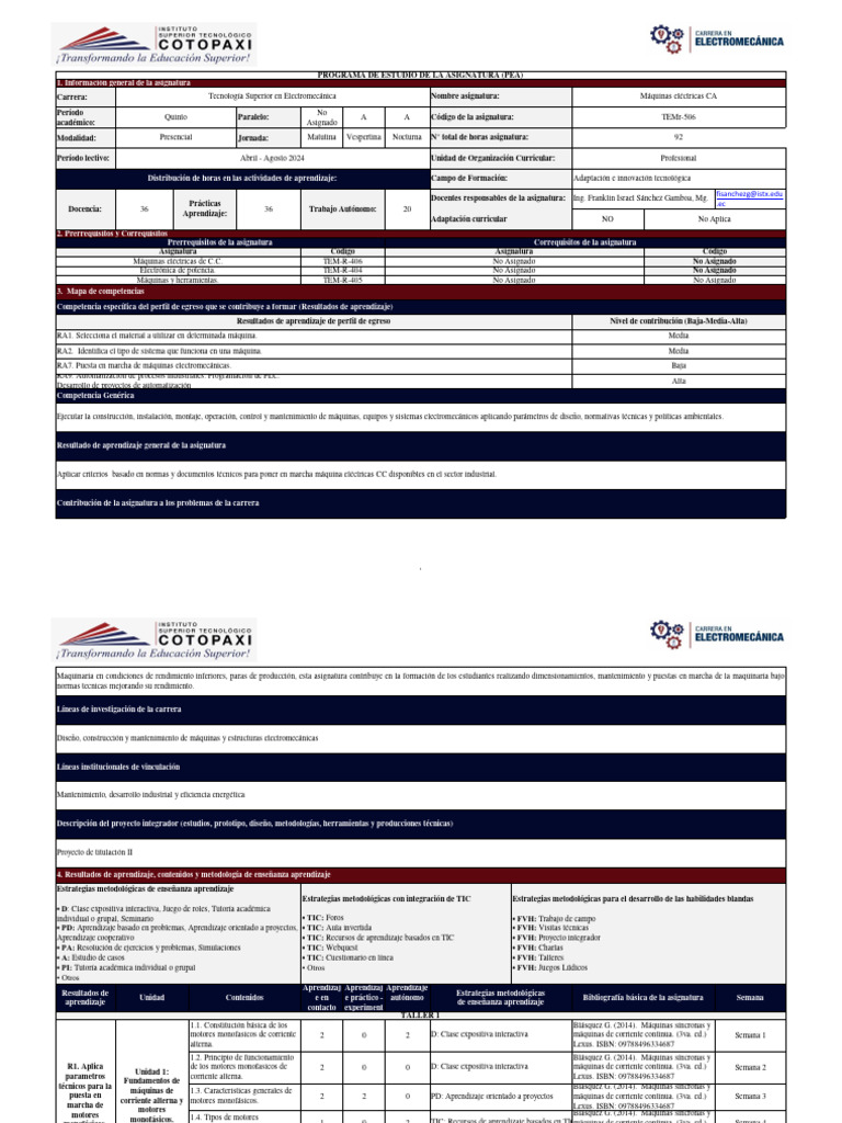 PEA Malla Antigua - Jornadas - M V N - 2024 1P Maquinas Ca | PDF ...