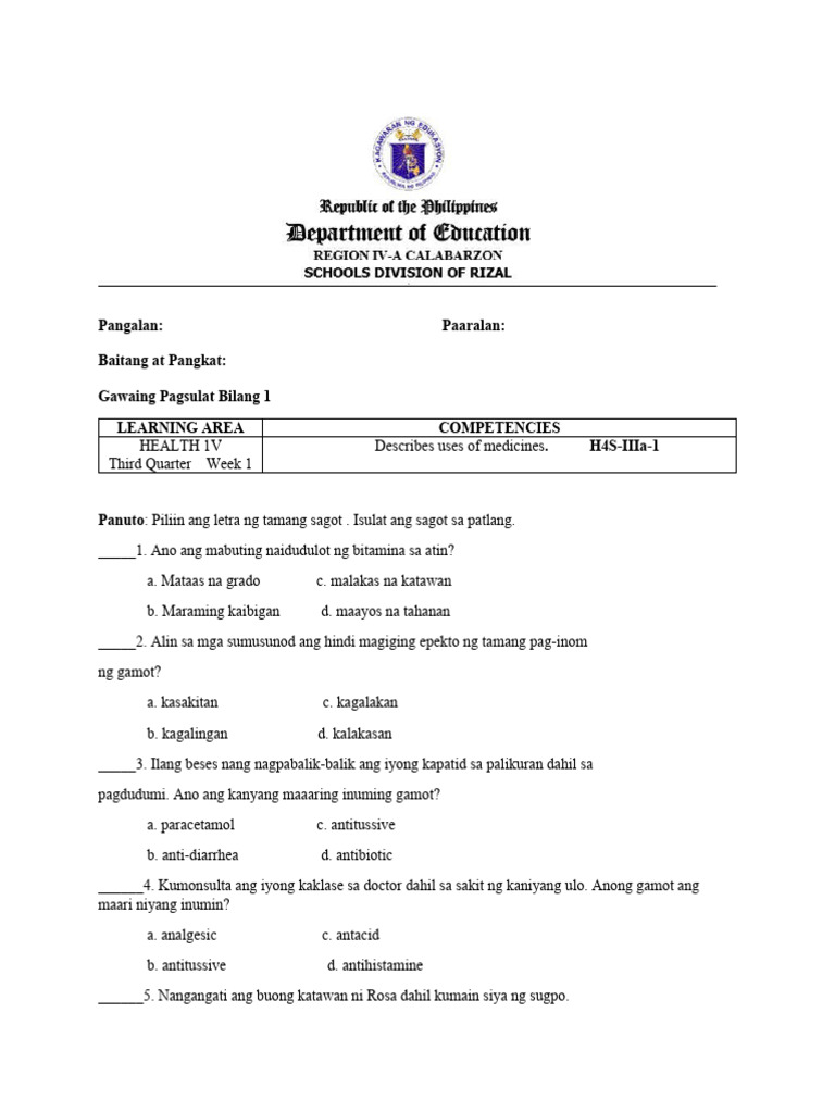 Grade4 Q3 WW1 MAPEH HEALTH | PDF