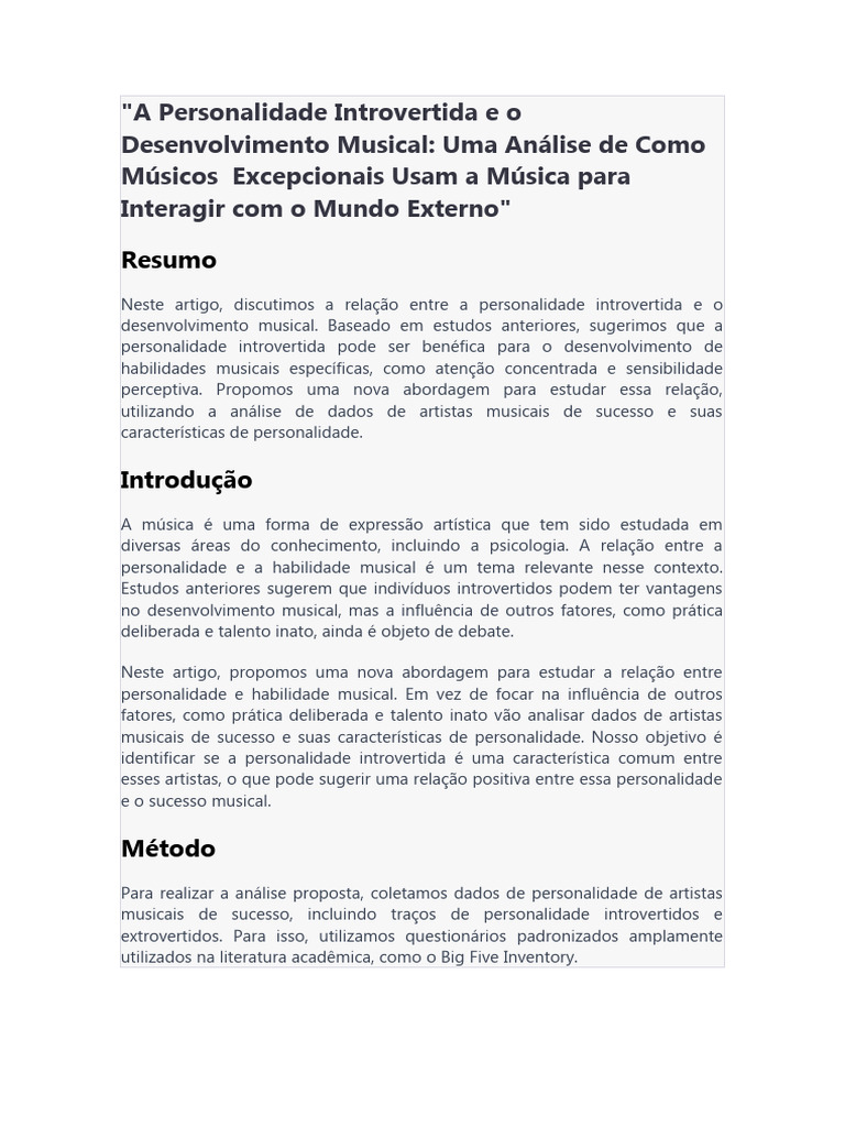 A Personalidade Introvertida e o Desenvolvimento Musical | PDF ...