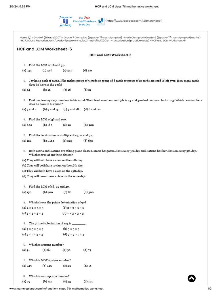 HCF and LCM class 7th mathematics worksheet | PDF | Algebra | Discrete ...