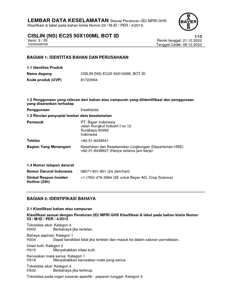 MSDS Cislin 25 Ec (Id) | PDF