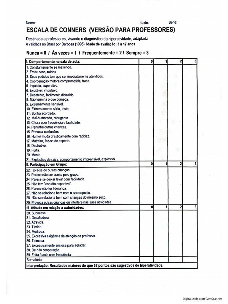 Escala de Conners (Versao para Professores) | PDF