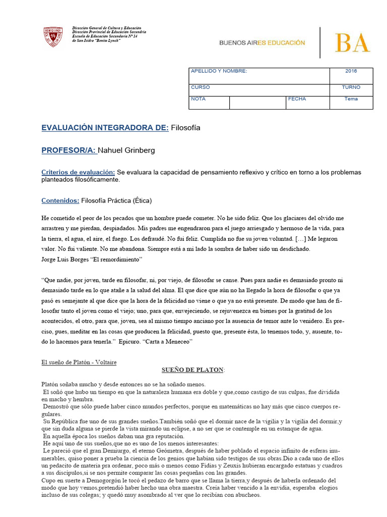 Modelo de Ev. Integradora | PDF | Platón | Felicidad