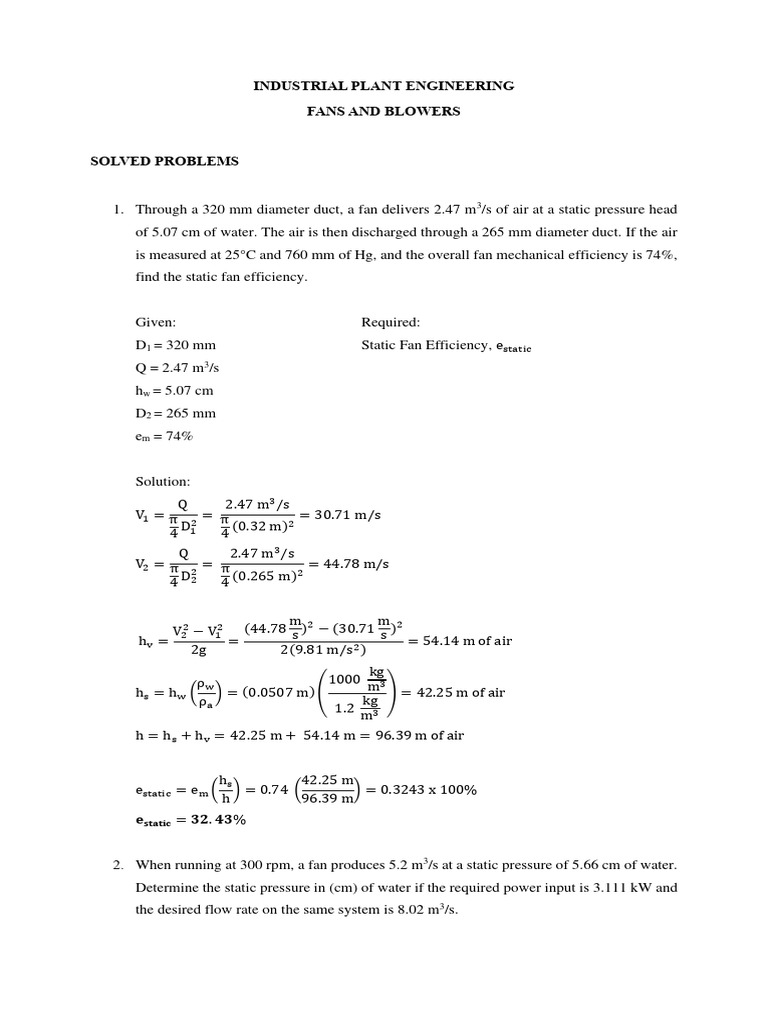 Fans and Blowers: Solved Problems Guide | PDF | Horsepower | Continuum ...