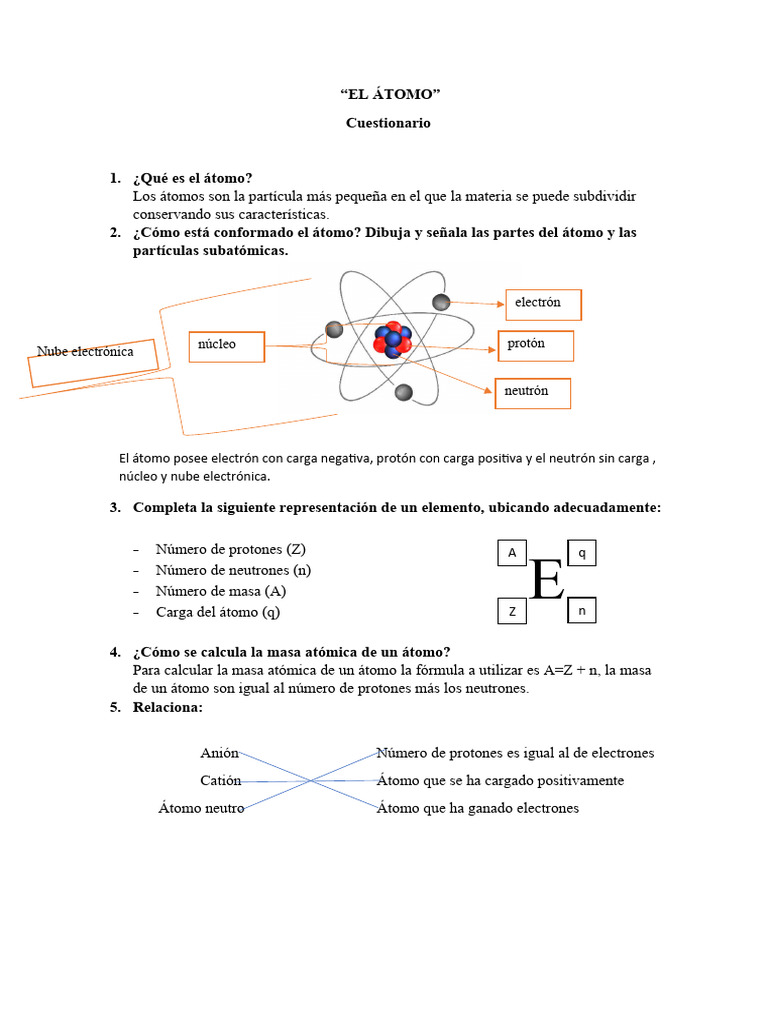 Cuestionario Átomo y Especies Atómicas | PDF | Protón | Átomos