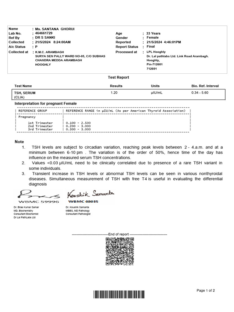 TSH Test Report for Pregnant Female | PDF | Thyroid Stimulating Hormone ...