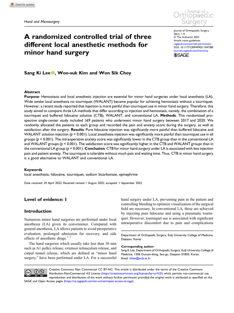 Lee Et Al 2022 A Randomized Controlled Trial of Three Different Local Anesthetic Methods For ...