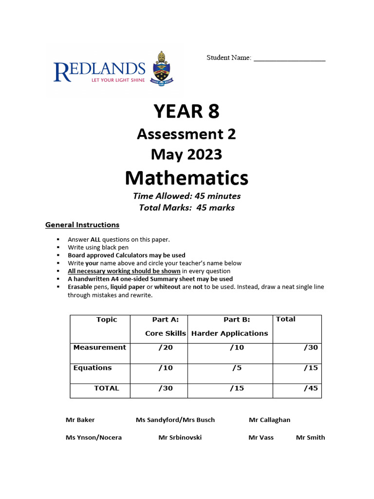 Year 8 Mathematics: Assessment 2 May 2023 | PDF | Area | Triangle