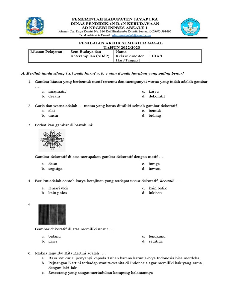 PAS SBDP Kelas 3A smt1 | PDF