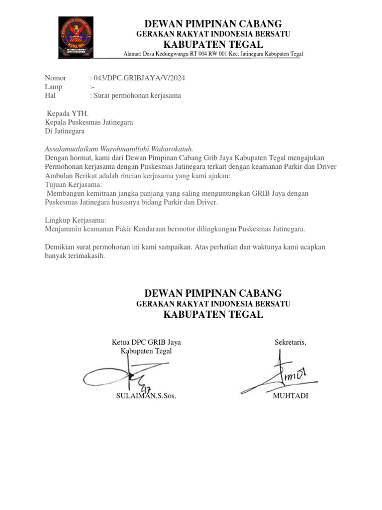 PERMOHONAN KERJASAMA GRIb PDF | PDF