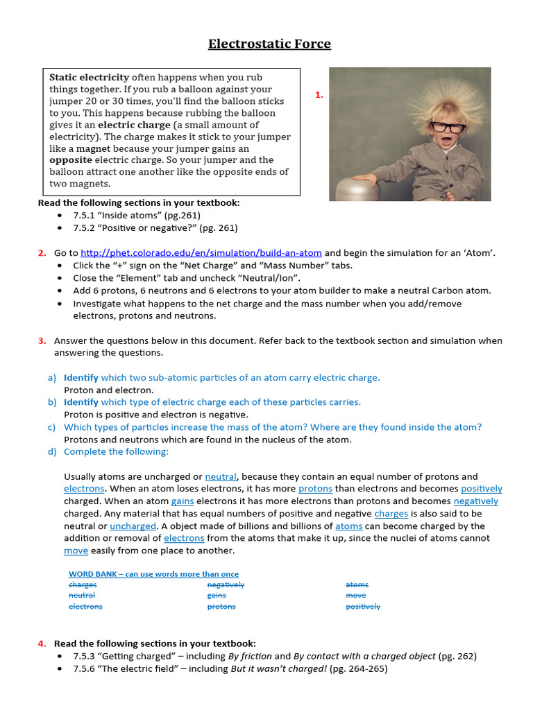 Electrostatics Worksheet | PDF | Electric Charge | Atoms
