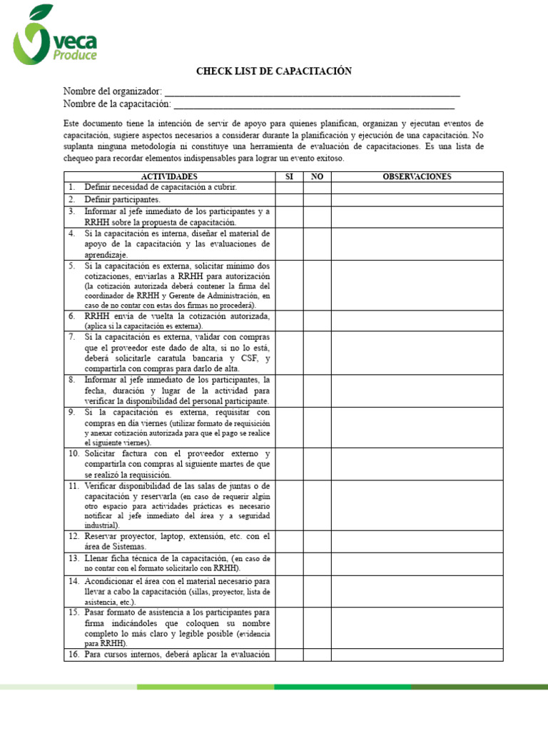 Check List de Capacitación | PDF