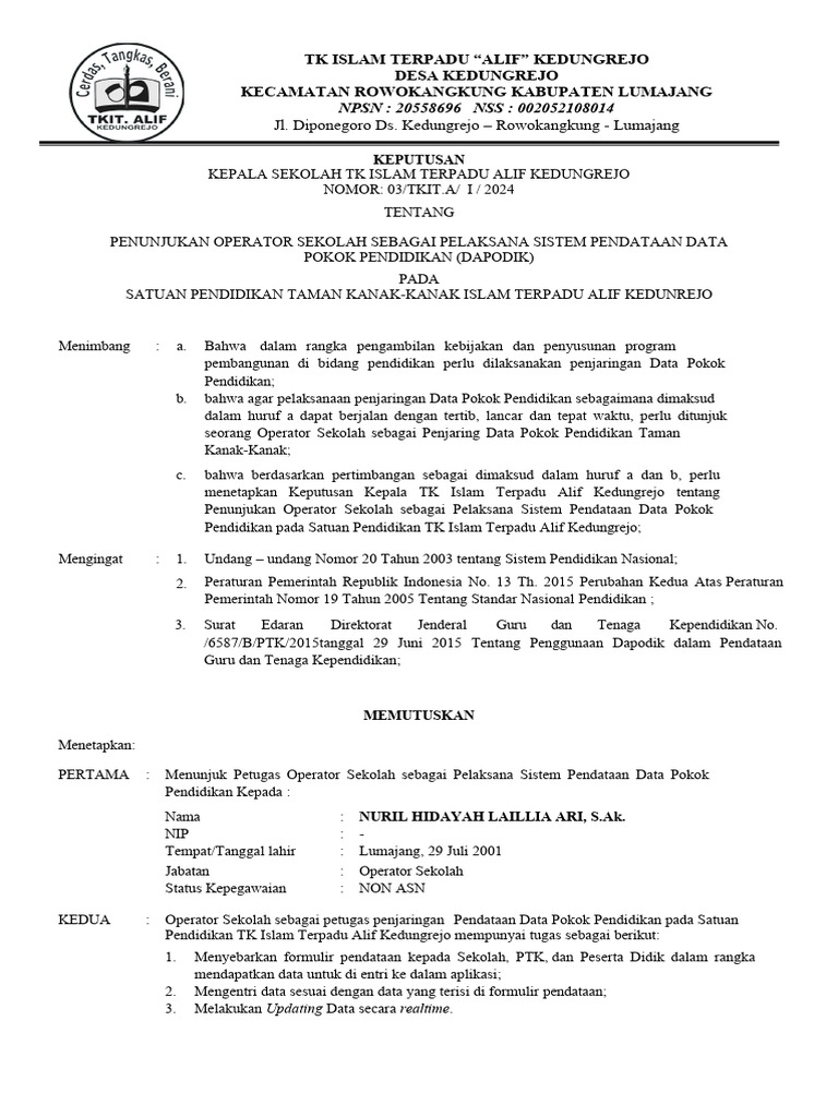 SK OPERATOR SISTEM DAPODIK - TK ISLAM TERPADU ALIF .Docx 2024 | PDF