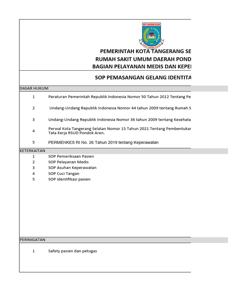 SOP Pemasangan Gelang Identitas Pasien | PDF