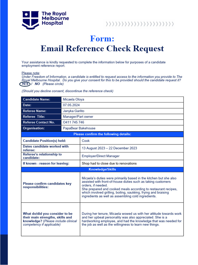 Email Reference Check Request For Micaela Oloya | PDF | Behavior ...