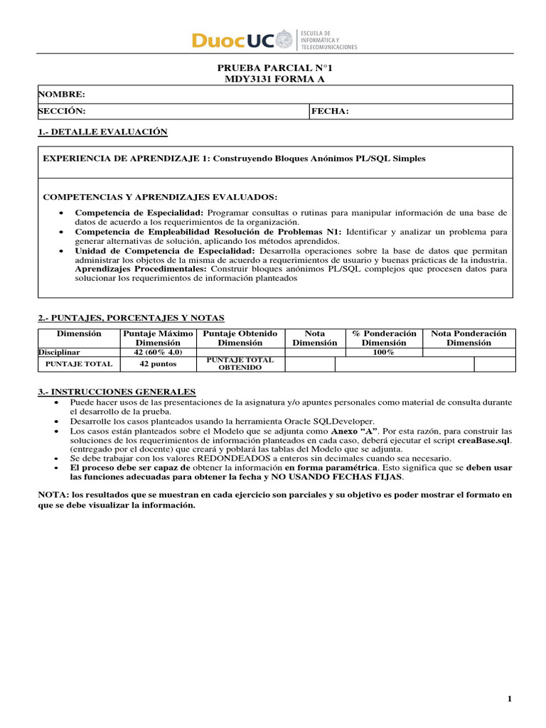 Prueba Parcial N°1 MDY3131 TAV 2024 | PDF | SQL | Pl / Sql