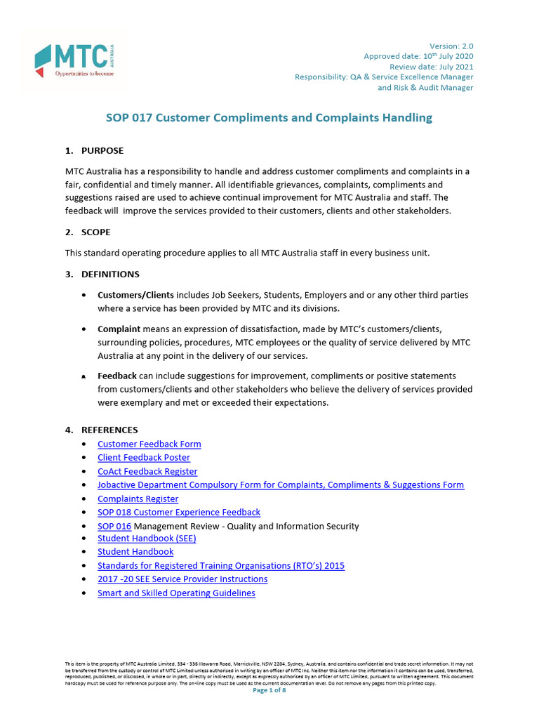 SOP 017 Customer Compliments and Complaints Handling | PDF | Trade ...