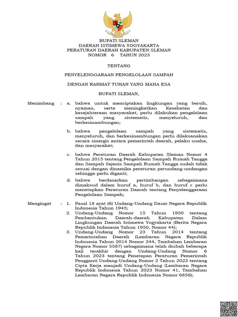Perda Sleman Nomor 6 Tahun 2023 TTG Penyelenggaraan Pengelolaan Sampah. | PDF | Griya & Taman