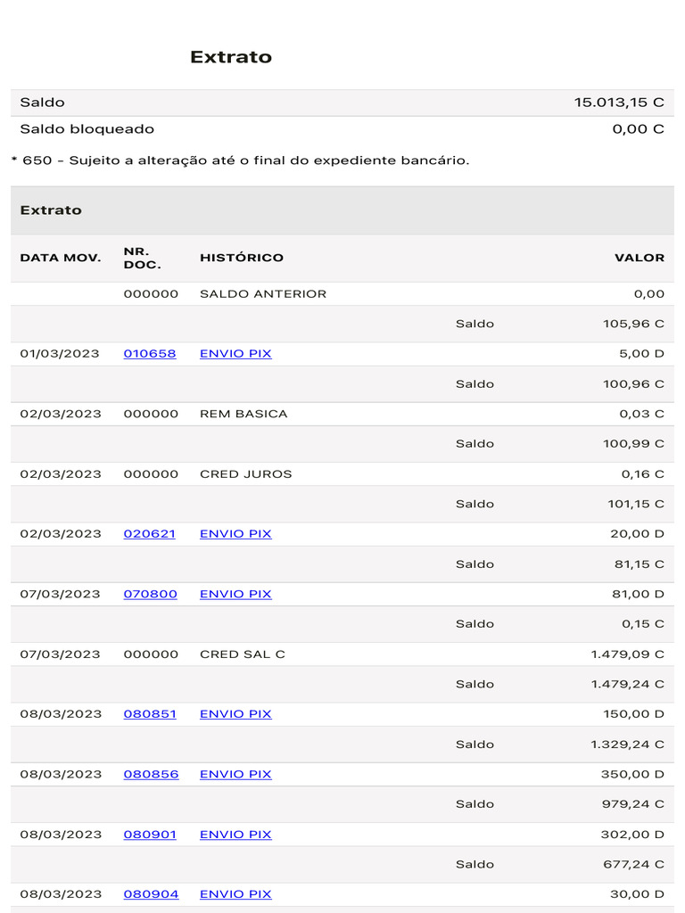 Extrato Bancário Detalhado 2023 | PDF | Finanças e Administração de ...
