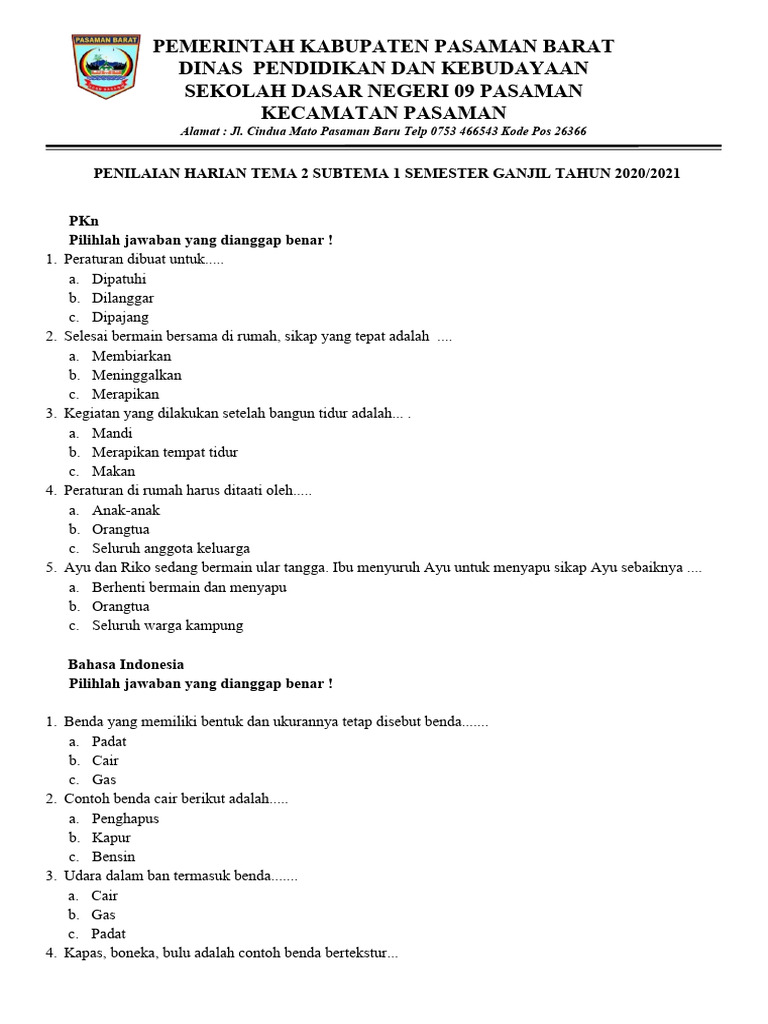 Soal Penilaian Harian T2 ST1 Kelas 2 | PDF