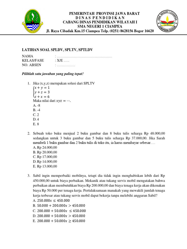 Latihan Soal SPLDV | PDF