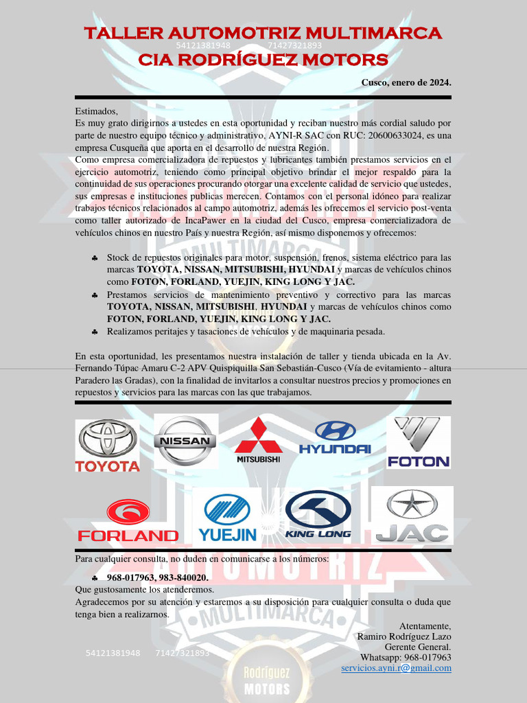 Carta de Presentación TALLER AUTOMOTRIZ MULTIMARCA RODRIGUEZ MOTORS | Descargar gratis PDF ...